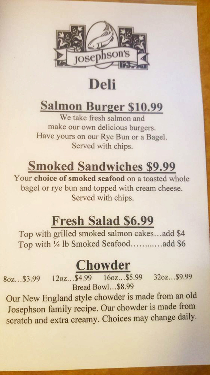 This menu reads like seafood poetry &ndash; salmon burgers, smoked sandwiches, and that chowder! The kind of straightforward offerings that signal true culinary confidence.