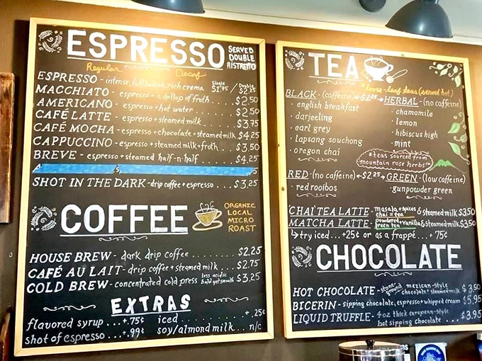 The chalkboard menu reads like poetry for the caffeine-obsessed. That "Shot in the Dark" isn't just coffee&mdash;it's liquid motivation with a side of whimsy.