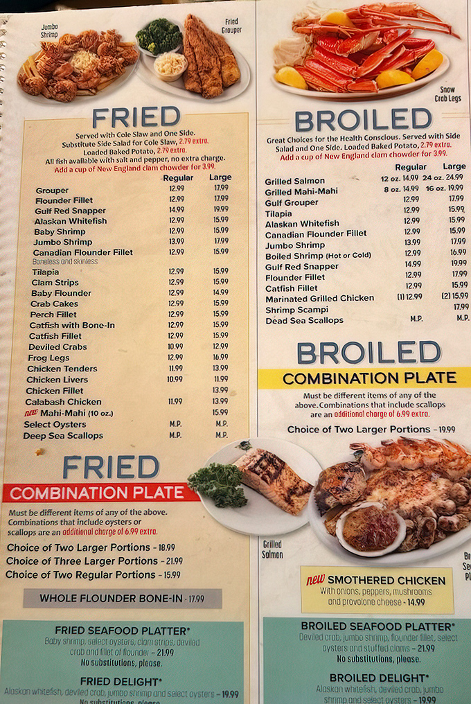 The menu reads like a love letter to seafood enthusiasts &ndash; broiled, fried, or combined in glorious platters that challenge your decision-making skills.