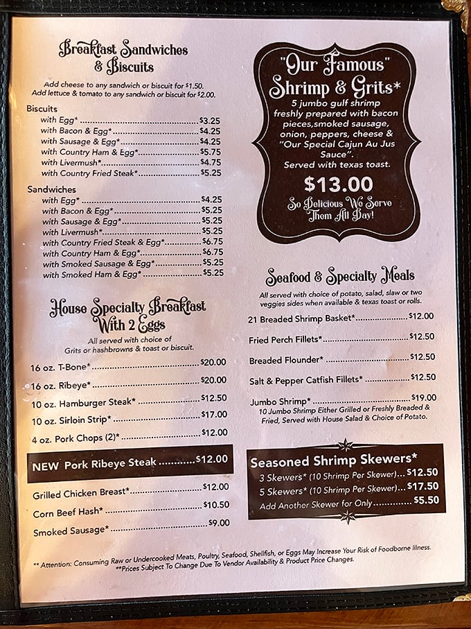 This menu reads like a love letter to Southern comfort food, with shrimp and grits getting star billing.