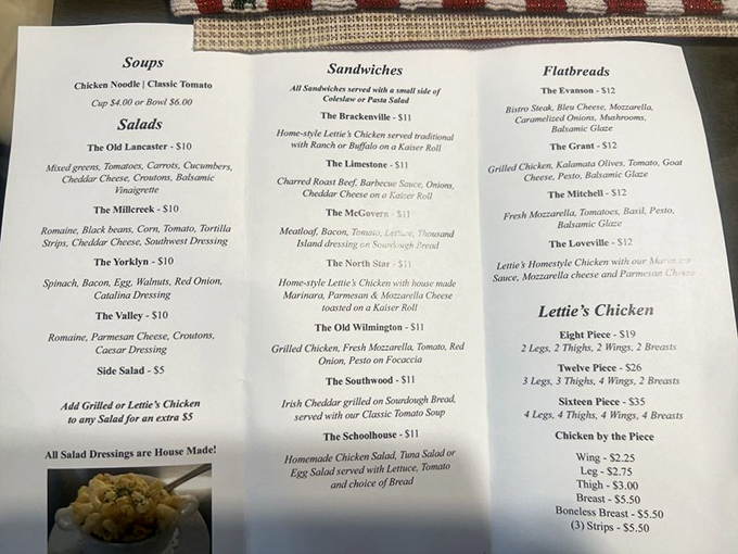 A menu that reads like a love letter to comfort food classics. Each sandwich name—The Brackenville, The Limestone—pays homage to local Delaware landmarks.