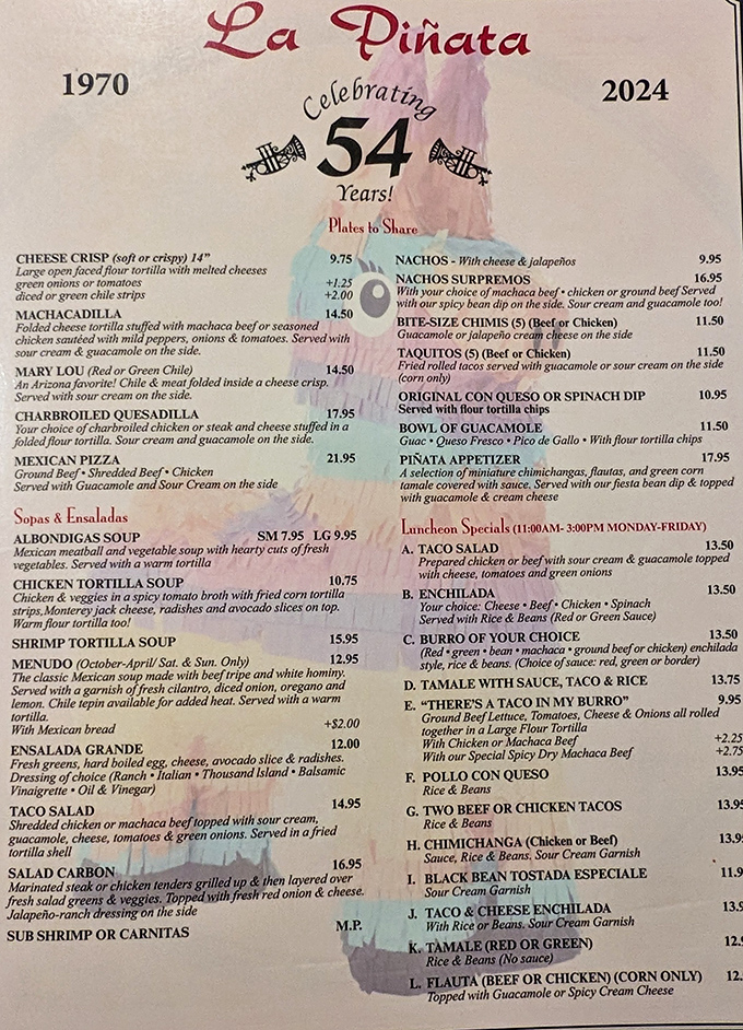 This menu reads like a love letter to Mexican cuisine, with that legendary chimichanga stealing the spotlight every time.