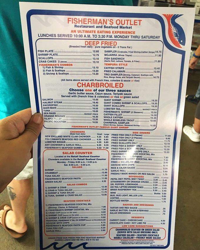 This menu isn't just a list&mdash;it's a treasure map to seafood nirvana. The deep-fried and charbroiled sections read like poetry to hungry seafood lovers.