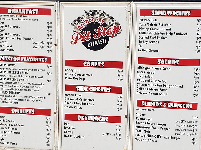 A menu that doesn't need fancy fonts or pretentious descriptions – just straightforward diner classics that promise satisfaction. The Pit Stop Favorites section is where the magic happens.
