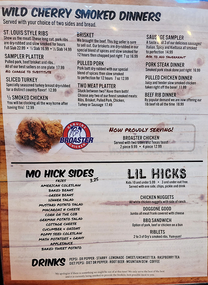 This menu isn't just a list&mdash;it's a roadmap to happiness. The "Wild Cherry Smoked Dinners" section alone could bring a tear to your eye.