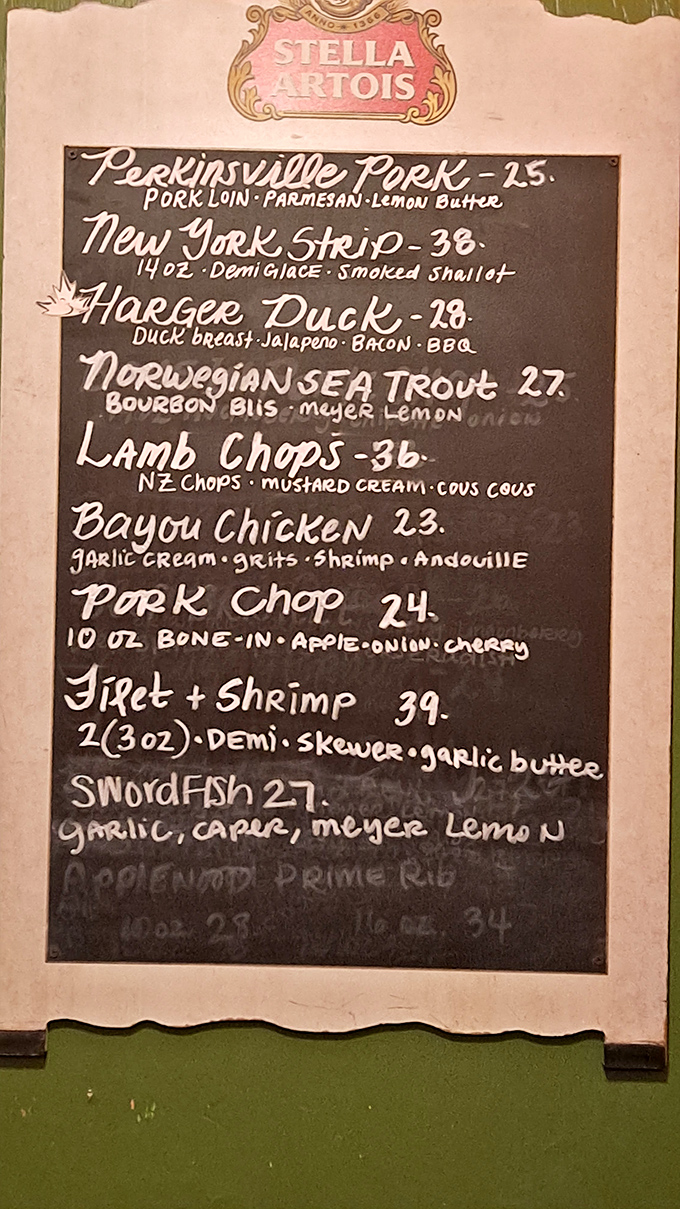 The chalkboard menu reads like a love letter to carnivores, with specialties ranging from Perkinsville Pork to the crown jewel&mdash;their legendary prime rib.