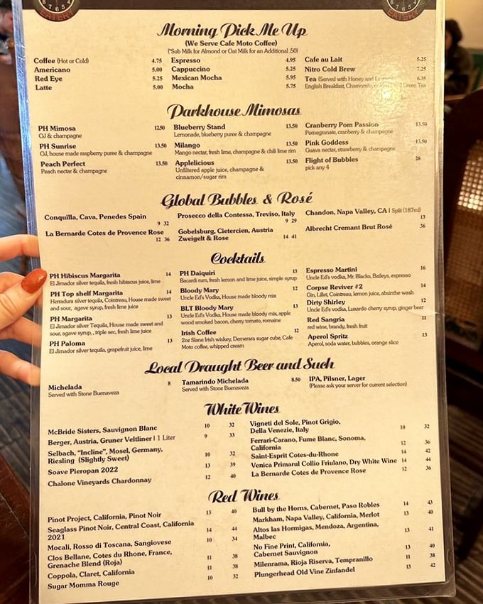 The drink menu reads like a love letter to morning indulgence. "Parkhouse Mimosas" isn't just a section&mdash;it's a lifestyle choice.