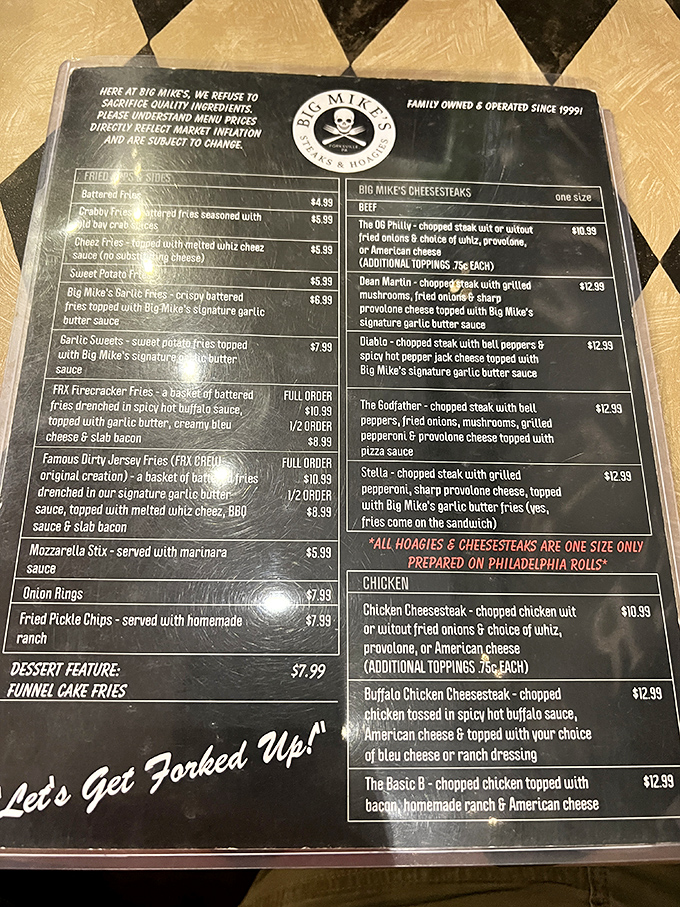Not just a menu, but a roadmap to flavor town. Each item promises a different journey, with the slogan "Let's Get Forked Up" setting the perfect tone.
