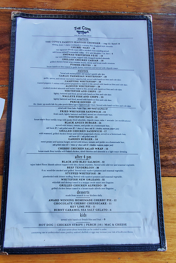 A menu that reads like a love letter to Great Lakes fish. The hardest decision you'll make today is which whitefish preparation to try first.