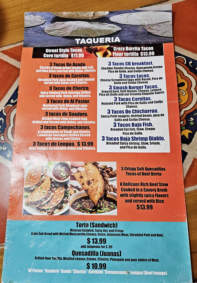 This menu isn't just a list&mdash;it's a treasure map. Each description promises a journey worth taking, especially those Tacos de Lengua. 