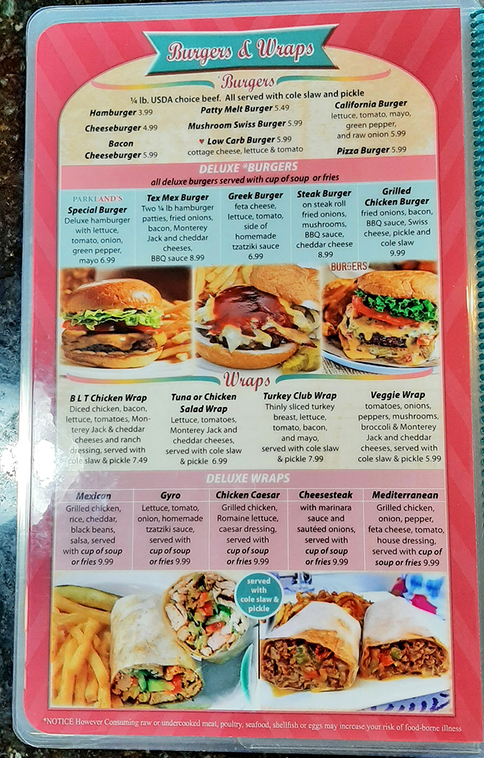 Behold the menu that reads like a love letter to American comfort food and generous portions.