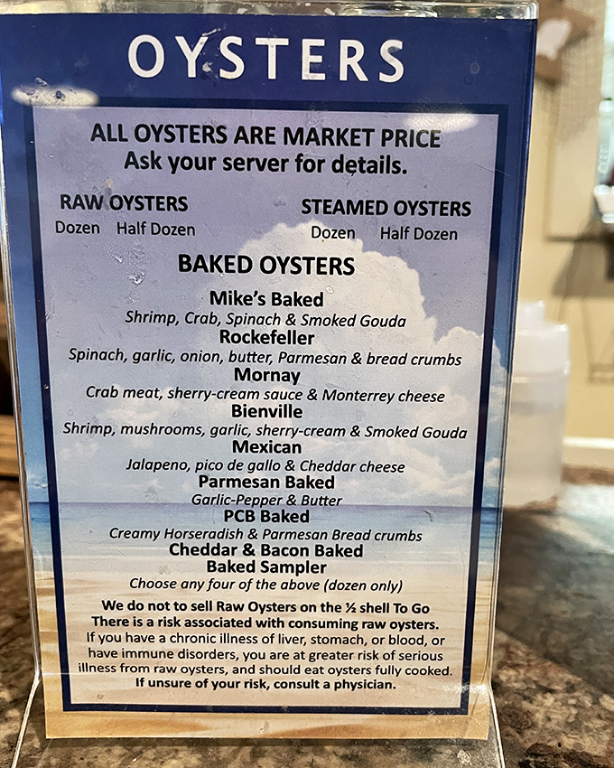 The oyster menu reads like poetry for bivalve enthusiasts—from classic Rockefeller to the intriguing "PCB Baked" with creamy horseradish.