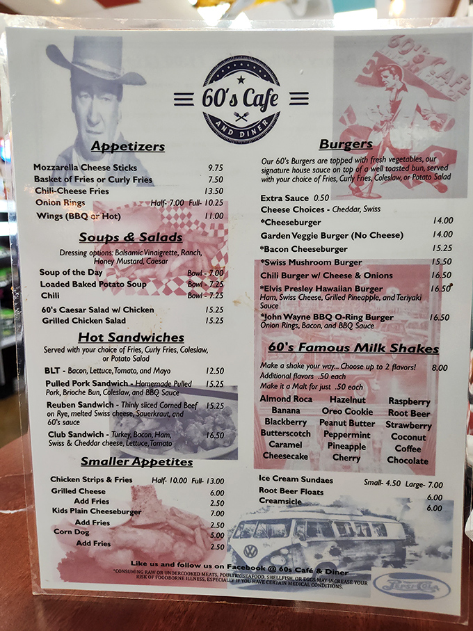 This isn't just a menu&mdash;it's a roadmap to happiness. The John Wayne BBQ O-Ring Burger calls to carnivores while milkshakes tempt everyone's inner child.