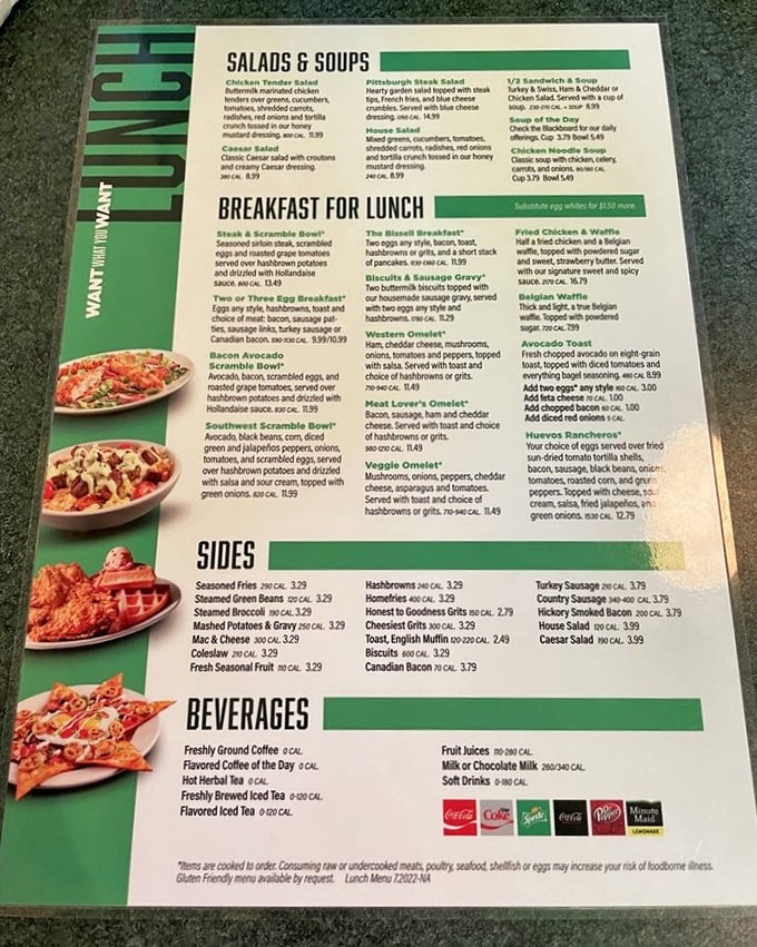 The menu reads like a love letter to American comfort food classics. Breakfast for lunch? That's not rebellion, that's wisdom.