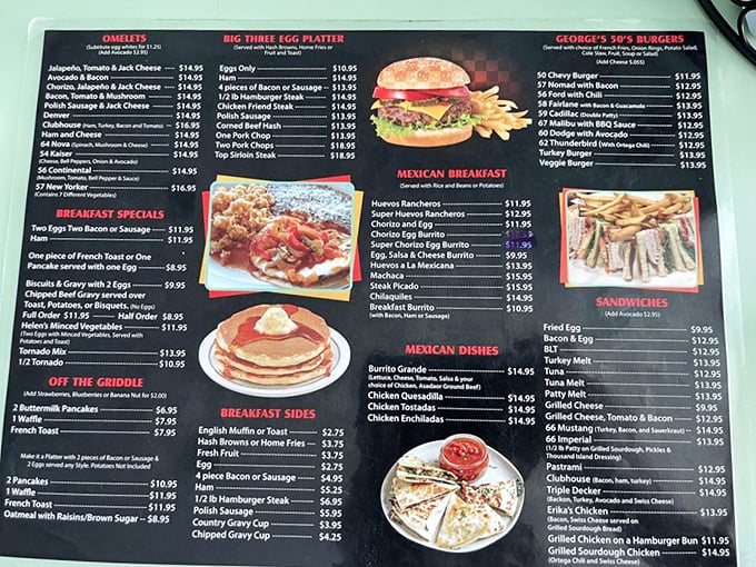 This menu isn't just a list of food&mdash;it's a roadmap to happiness. The Mexican Breakfast section alone could solve most of life's problems.