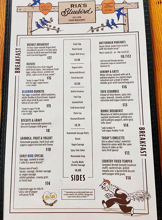 A menu that reads like poetry to breakfast lovers. The brisket breakfast alone has caused more spontaneous joy than most Broadway musicals.