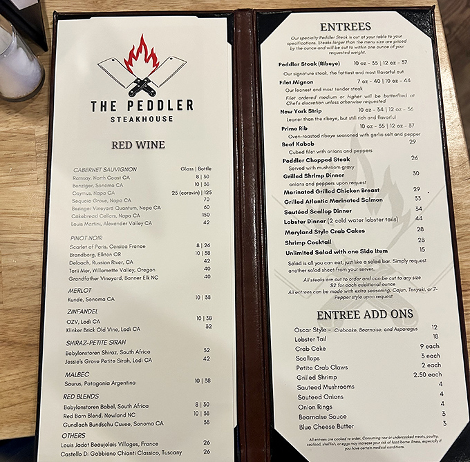 A menu that reads like poetry to steak lovers. The filet mignon description alone could make a vegetarian reconsider their life choices.