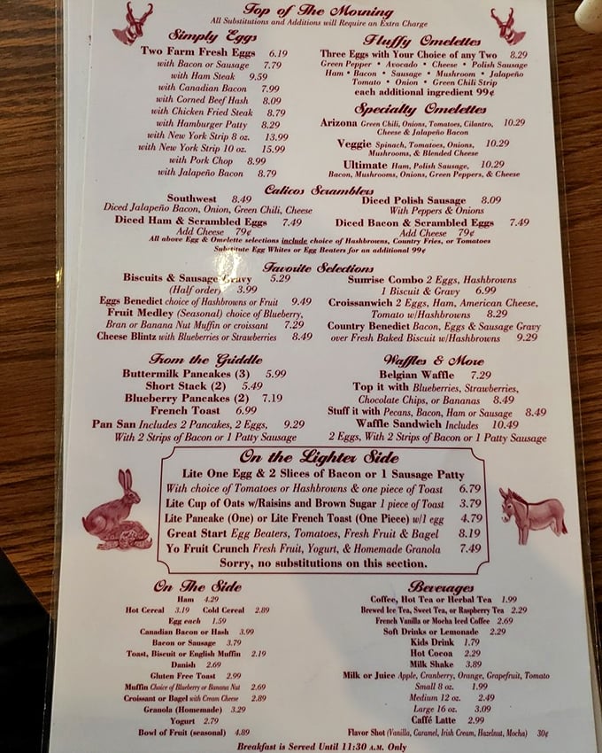 This breakfast menu reads like a love letter to morning indulgence. "Top of The Morning" isn't just a greeting&mdash;it's a promise.