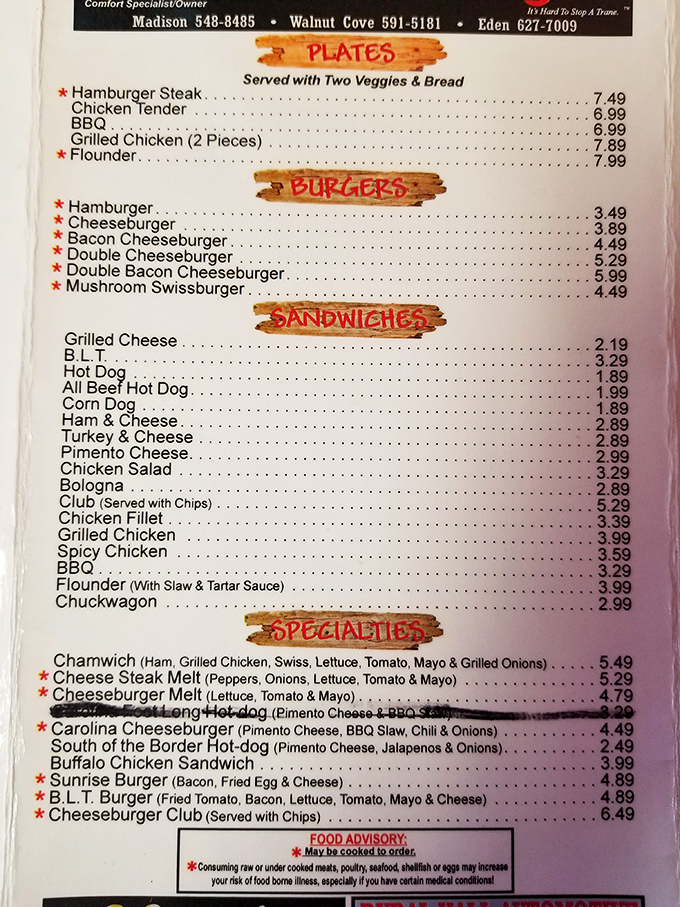 A menu that doesn't need fancy fonts or pretentious descriptions&mdash;just honest food at honest prices. The Carolina Cheeseburger is calling my name!