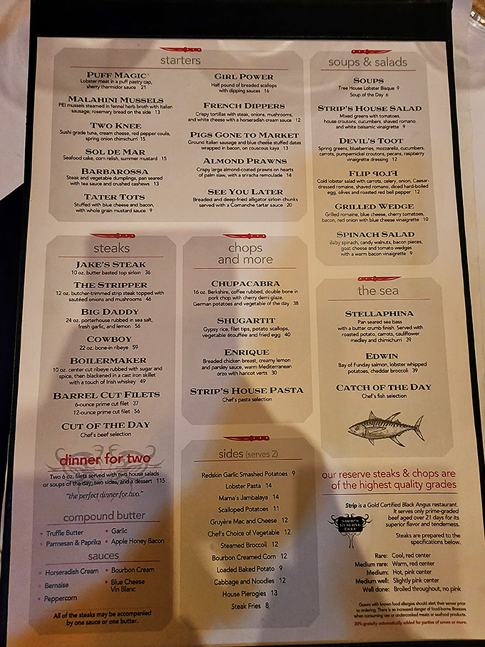 A menu that reads like a love letter to carnivores. "The Daddy" porterhouse isn't just a steak&mdash;it's a 24-ounce commitment to excellence.