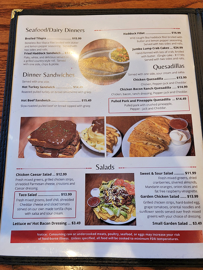 A menu that reads like comfort food poetry. Each description whispers promises of satisfaction that your stomach won't soon forget.