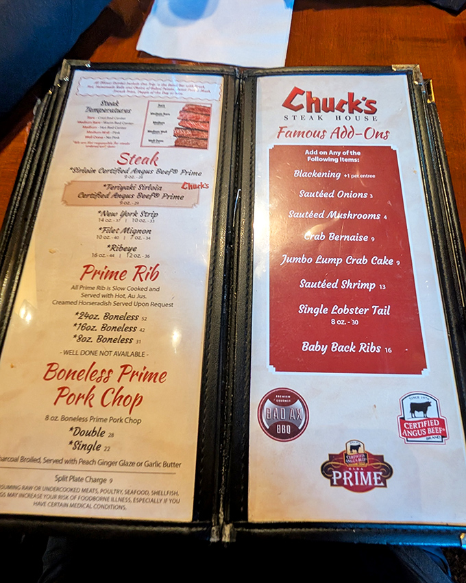 The menu reads like a love letter to carnivores, offering certified Angus beef prime cuts alongside tempting add-ons that transform good steaks into unforgettable meals.