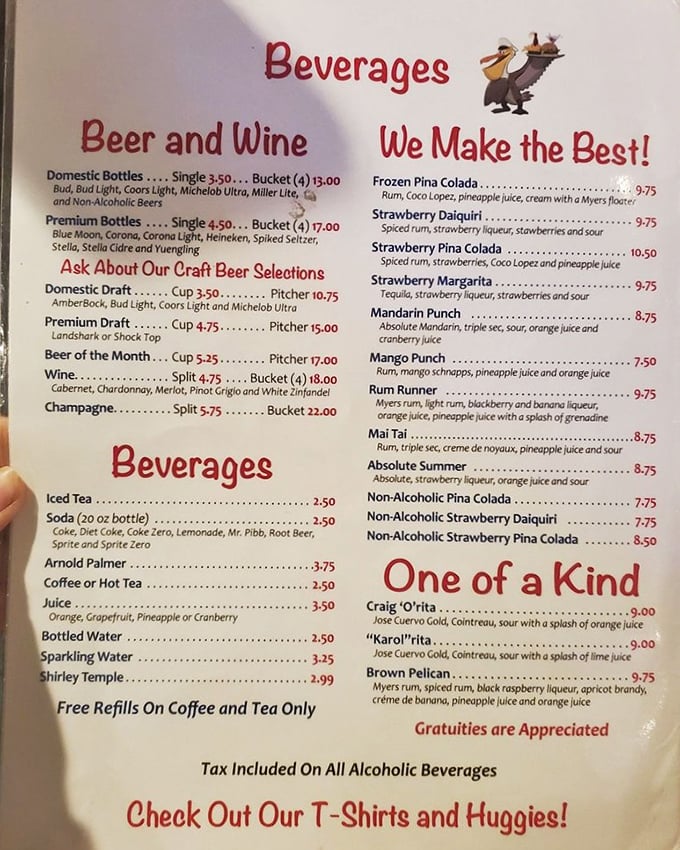 Liquid happiness menu! From frozen concoctions to "One of a Kind" cocktails, this beverage list promises vacation in a glass.