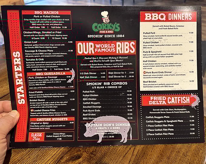 This menu isn't just a list of options&mdash;it's a roadmap to happiness. "World Famous Ribs" isn't marketing; it's a statement of fact.