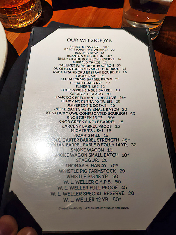 The whiskey menu reads like a bourbon lover's bucket list &ndash; from approachable pours to splurge-worthy rarities that might require a small bank loan.