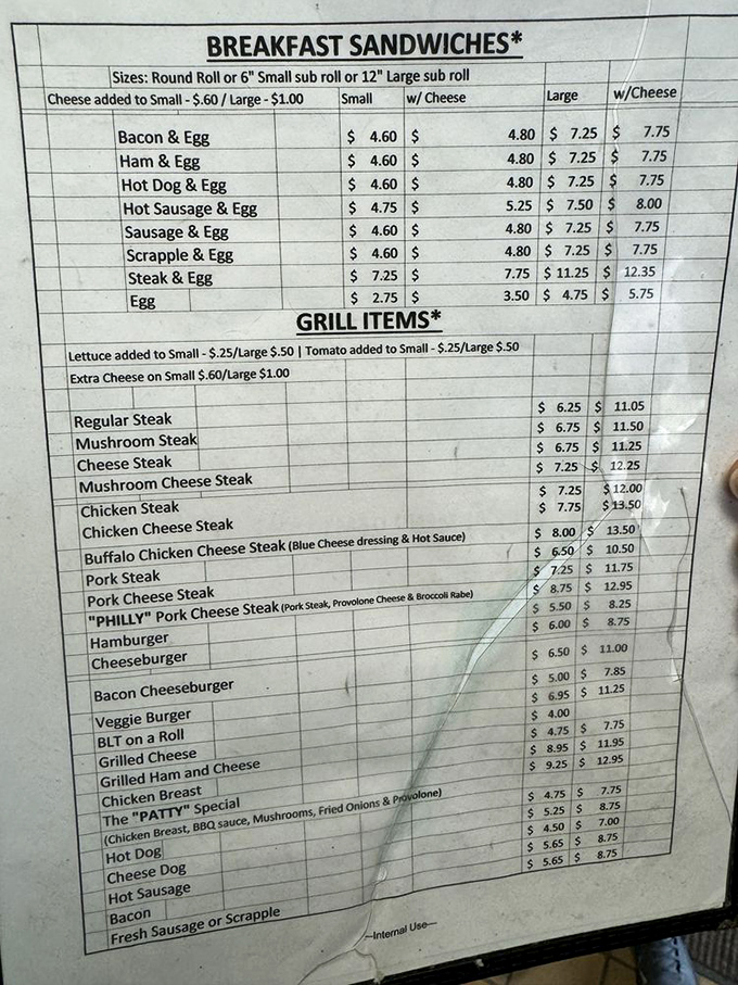 A menu board of dreams &ndash; breakfast sandwiches to grill items, with no fancy descriptions needed. The simplicity speaks volumes about their confidence.