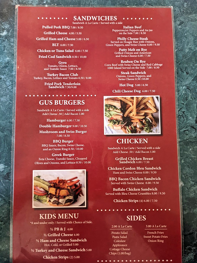 This menu isn't just a list of options&mdash;it's a roadmap to happiness. The "Southern Lasagna" section alone deserves its own ZIP code.