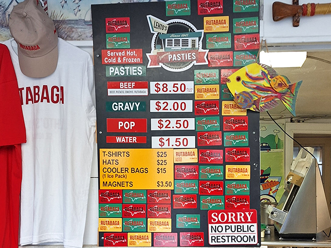 The menu board keeps it gloriously simple: beef pasties, gravy, pop, and water. No fancy fusion cuisine here&mdash;just perfection in pastry form.