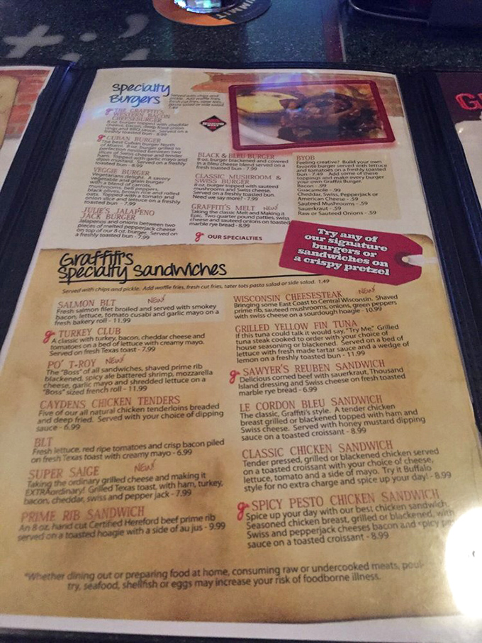 A menu that reads like a love letter to comfort food, with that prime rib sandwich hiding in plain sight like the culinary celebrity it is.