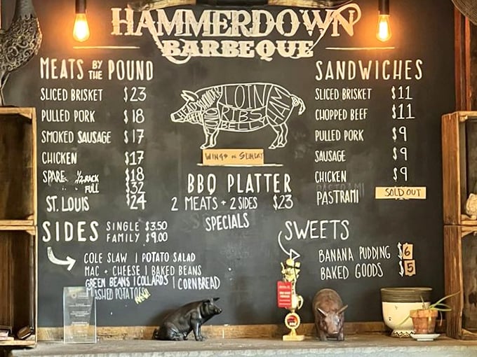 The chalkboard menu at Hammerdown tells you everything you need to know about life's priorities. Note the tiny pig figurine standing guard over the prices.