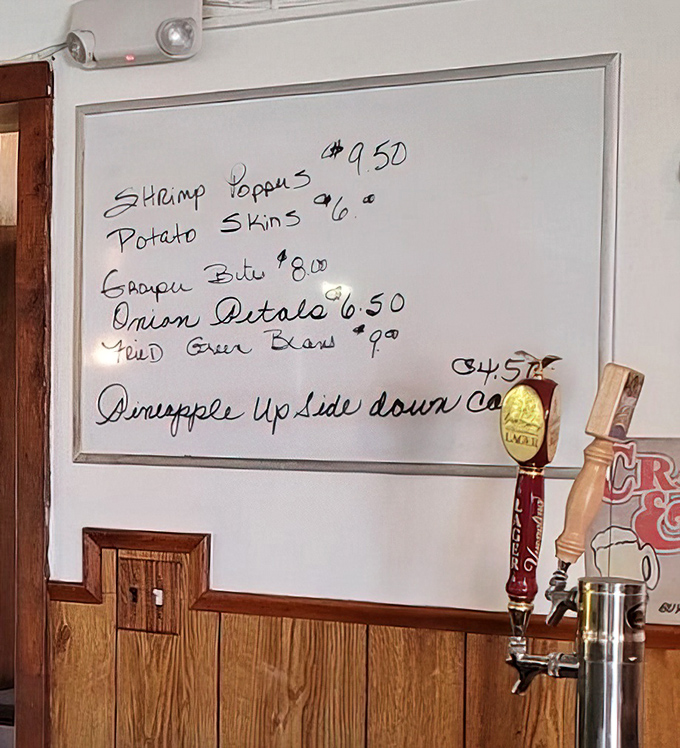 The handwritten whiteboard menu—a Delaware Rosetta Stone for seafood lovers and a daily promise of fresh catches.