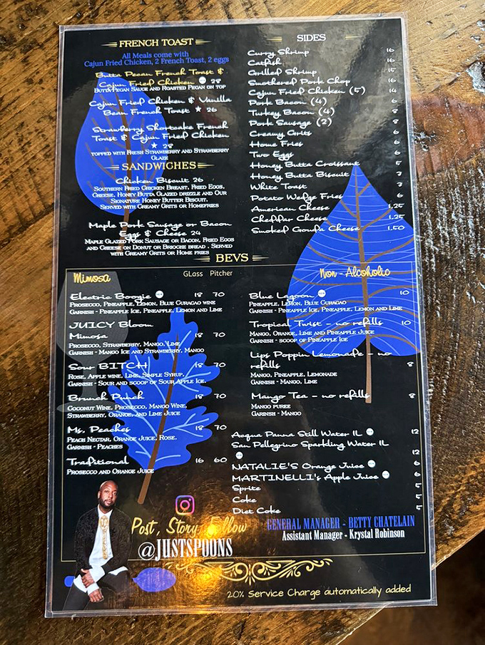 A menu that reads like a love letter to breakfast enthusiasts. The "Cajun Fried Chicken & Vanilla French Toast" combo is the culinary equivalent of finding money in an old jacket.
