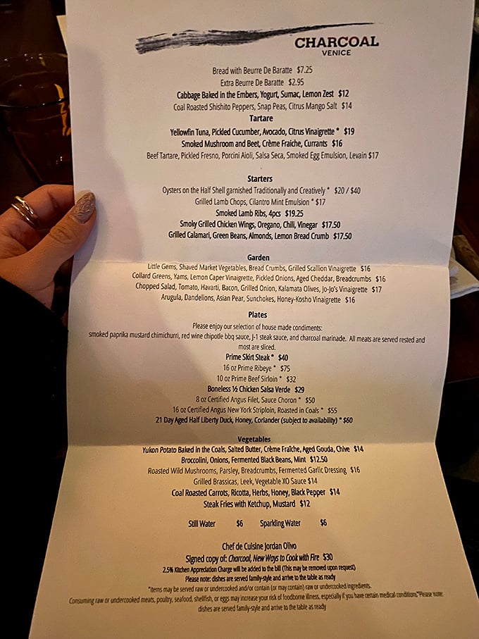 A menu that reads like poetry to meat lovers. Notice how your eyes immediately gravitate to "Prime New York Sirloin, Roasted in Coals."