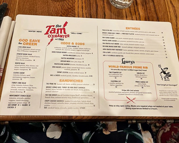 A menu that doesn't need fancy fonts or pretentious descriptions—just the promise of "World Famous Prime Rib" that's kept Angelenos coming back since 1922.