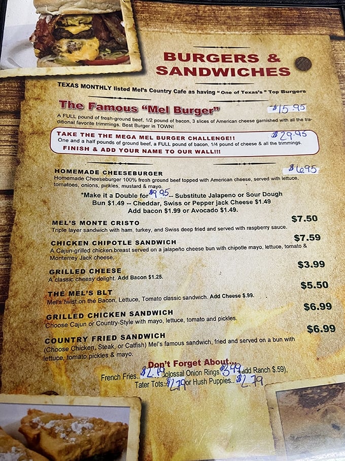 The menu reads like a love letter to comfort food, with the legendary Mega Mel Burger challenge daring the brave and hungry.