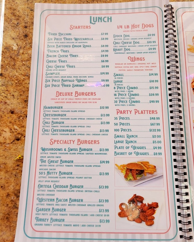 This menu isn't just a list of food—it's a roadmap to happiness. The "50's Nutty Burger" with peanut butter? That's not crazy, that's genius.