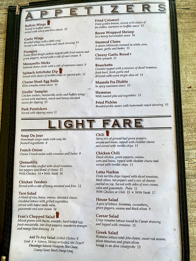 A menu that reads like a love letter to American comfort food classics. No molecular gastronomy, just honest-to-goodness satisfaction.