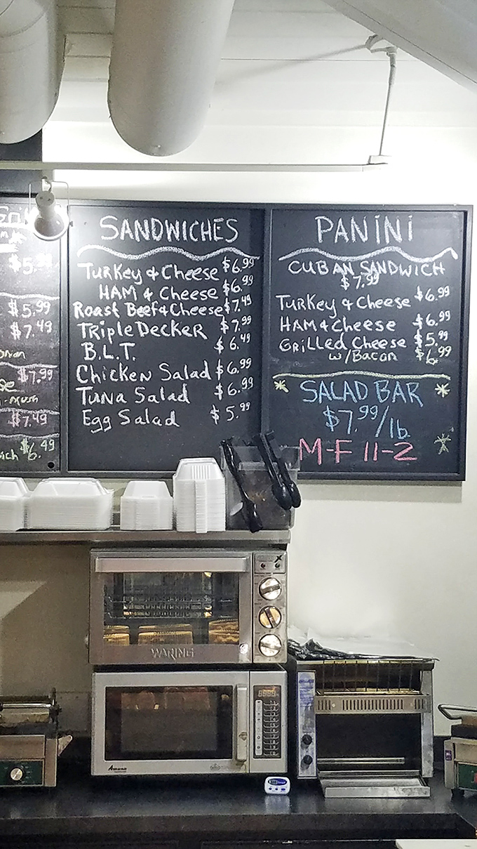 That chalkboard menu reads like a love letter to anyone who's ever been genuinely hungry at lunchtime.