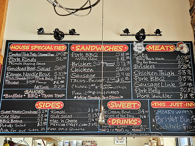 The chalkboard menu reads like poetry to meat lovers &ndash; brisket, ribs, and creative offerings like ramen bowls that prove barbecue knows no boundaries.