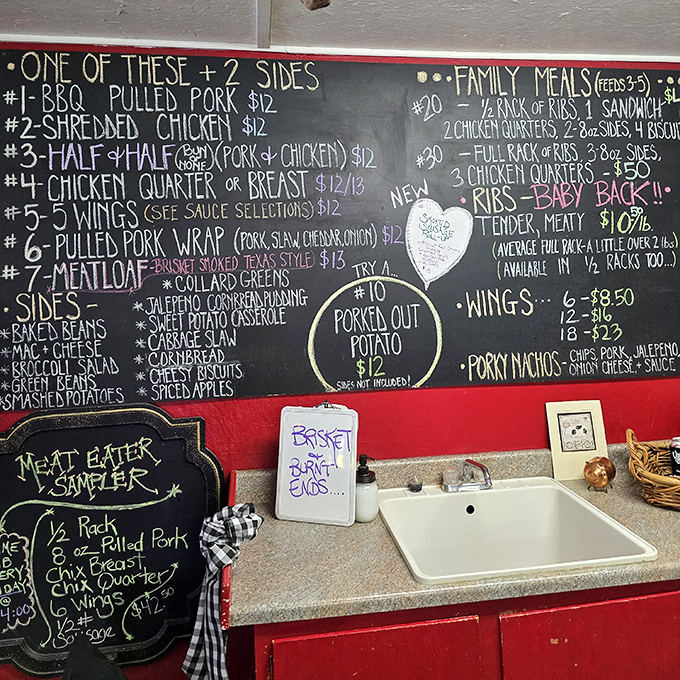A chalkboard menu that reads like poetry to carnivores. The "Porked Out Potato" alone is worth the drive to North Lewisburg.
