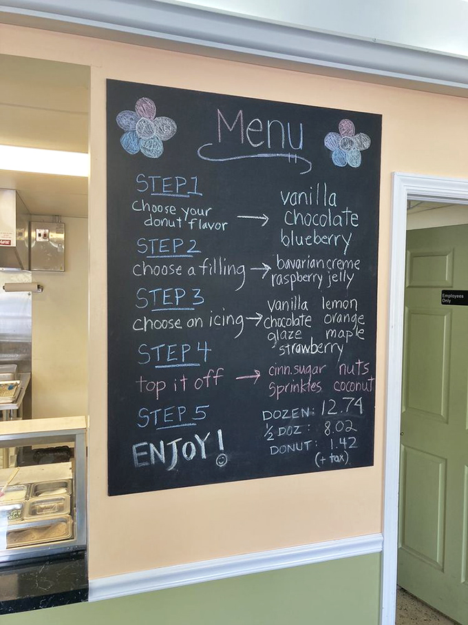 This chalkboard menu isn't just instructions—it's a roadmap to your own personal donut destiny. Choose wisely, my friends.