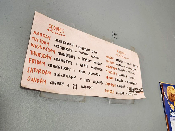 This handwritten menu board is basically a calendar of joy, telling you exactly which day to call in "sick" based on your favorite scone flavor.