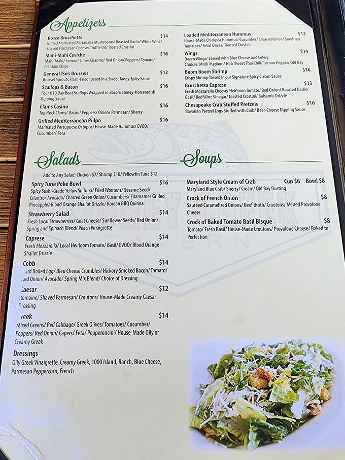 A menu that reads like a love letter to classic American cuisine with Mediterranean flair. The Chesapeake Crab Stuffed Pretzels alone warrant the drive.