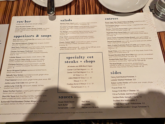 The menu reads like a love letter to meat lovers. That "specialty cut steaks & chops" section is where dreams are made.