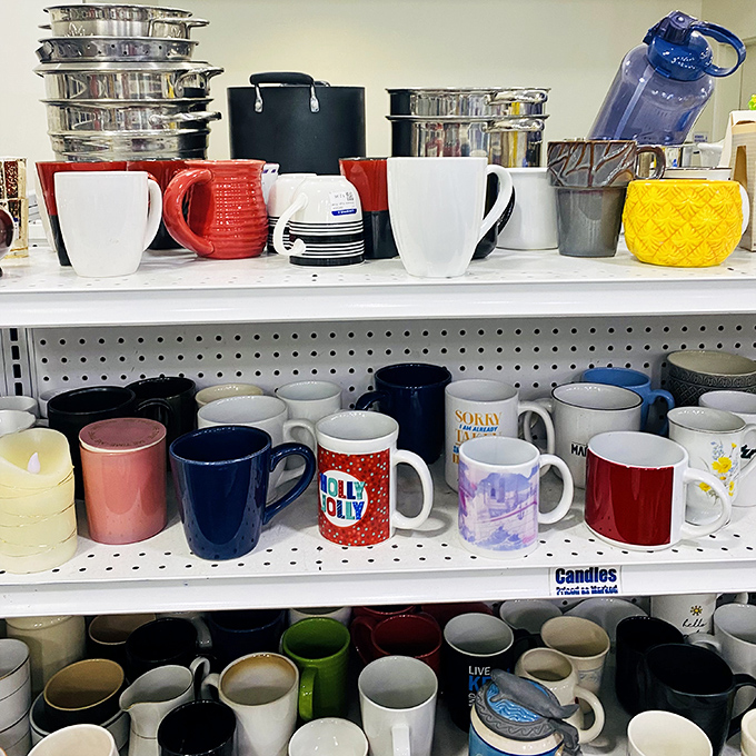 Coffee cup archaeology reveals decades of morning rituals, from corporate logos to colorful ceramics awaiting new owners.