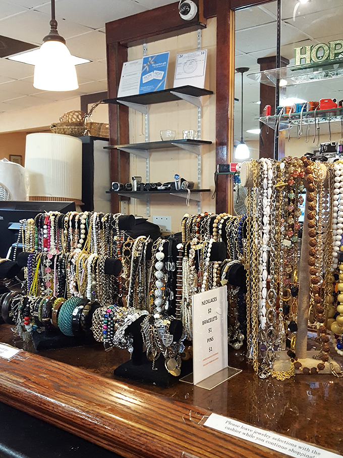 Necklaces and bracelets galore! This dazzling display could outfit you for a year of special occasions without visiting the same accessory twice.
